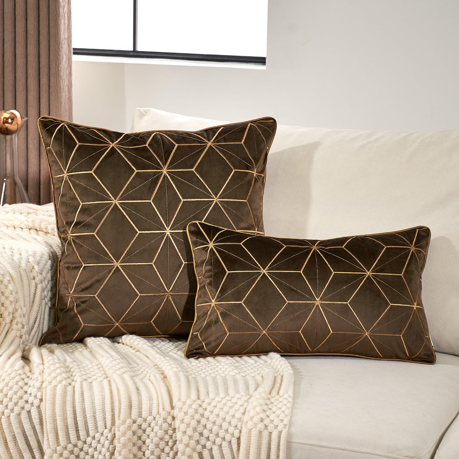 Aeckself Dark Brown Gold Plaid Geometric Throw Pillow Covers 18x18 Inch, Luxury Embroidery Velvet Cushion Case Square Modern Decorative Pillow Covers for Couch Living Room Bedroom