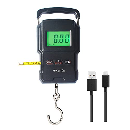 YYGJ, Rechargeable Lugagge Scale Portable Electronic Hook Scale Digital Hanging Bag Luggage Weight Scale Fishing Scale with Measuring Tape 165Lb Black