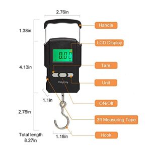 YYGJ, Rechargeable Lugagge Scale Portable Electronic Hook Scale Digital Hanging Bag Luggage Weight Scale Fishing Scale with Measuring Tape 165Lb Black