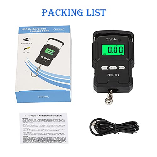 YYGJ, Rechargeable Lugagge Scale Portable Electronic Hook Scale Digital Hanging Bag Luggage Weight Scale Fishing Scale with Measuring Tape 165Lb Black