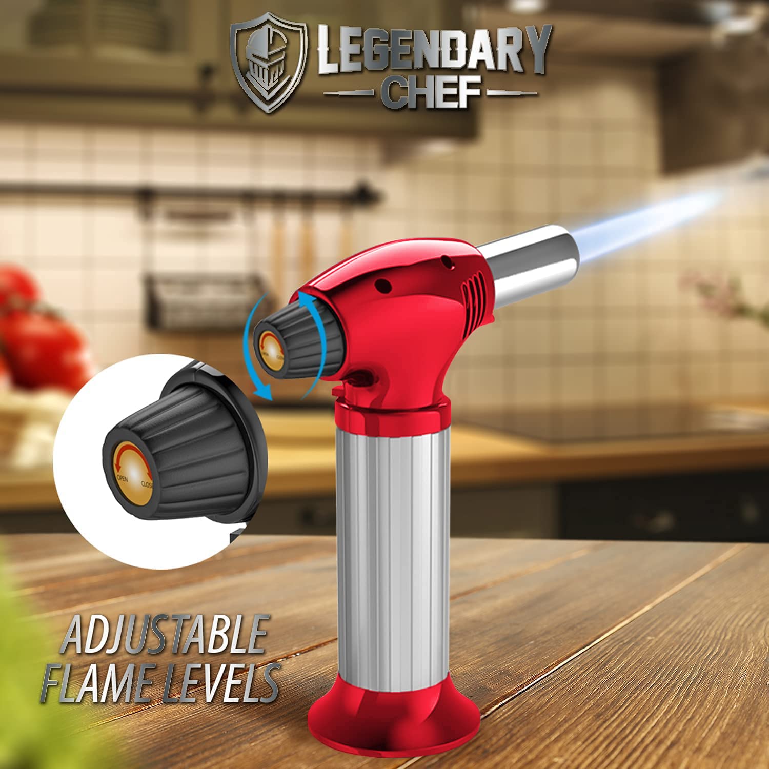 Culinary Cooking Torch - Kitchen Food Torch for Creme Brulee, Baking, Desserts and Searing- Butane Torch Lighter, Blow Torch for Cooking with Lock and Adjustable Flame (Butane Gas Not Included) Red