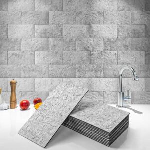 art3d 4-piece backsplash tile peel and stick for stove kitchen bathroom fireplace, 3in. × 6in. stick on subway tile natural stone white