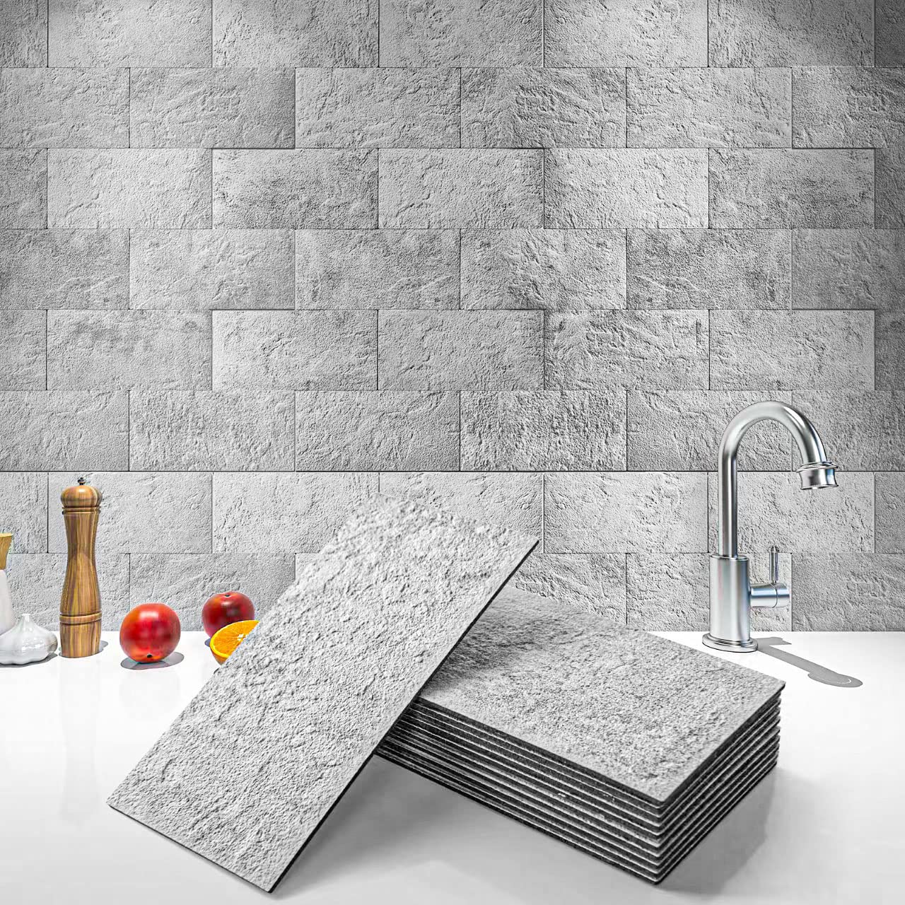 Art3d 4-Piece Backsplash Tile Peel and Stick for Stove Kitchen Bathroom Fireplace, 3in. × 6in. Stick on Subway Tile Natural Stone White