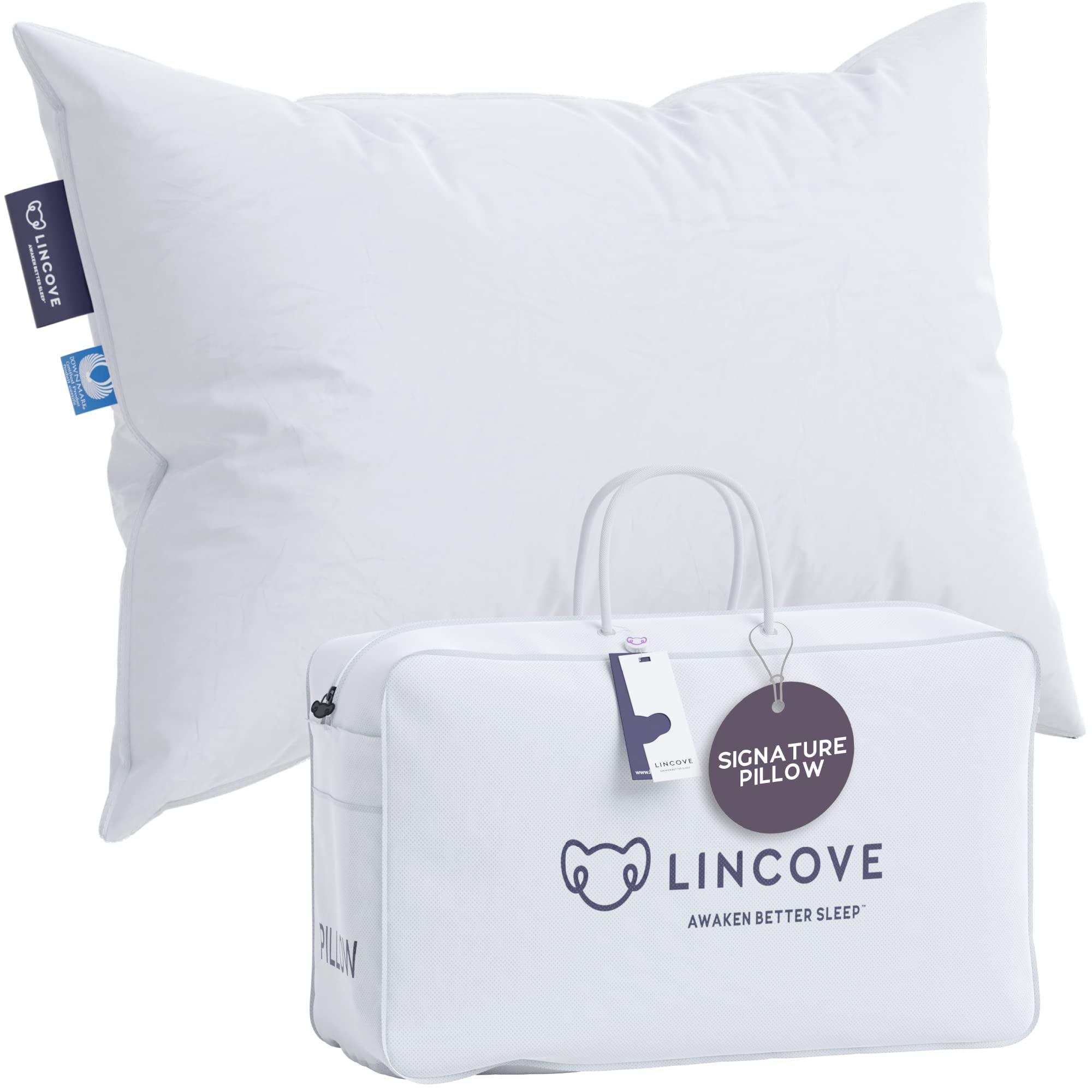 Lincove Signature 100% Natural Canadian White Down Luxury Sleeping Pillow - 800 Fill Power, 500 Thread Count Cotton Shell, Made in Canada, Standard - Soft, 1 Pack