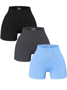 oqq women's 3 piece yoga shorts ribbed seamless workout high waist athletic leggings black grey candyblue