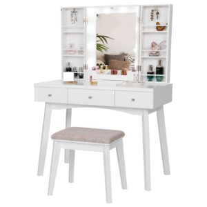 bewishome vanity desk with lighted mirror, makeup vanity with lights, white vanity set with 10 led bulbs & adjustable brightness, dressing table with makeup cabinet 3 drawers for women fst14w