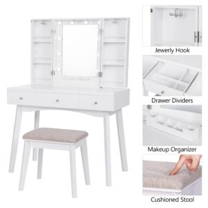 BEWISHOME Vanity Desk with Lighted Mirror, Makeup Vanity with Lights, White Vanity Set with 10 LED Bulbs & Adjustable Brightness, Dressing Table with Makeup Cabinet 3 Drawers for Women FST14W