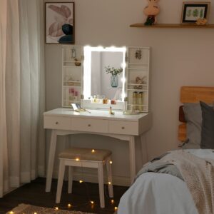 BEWISHOME Vanity Desk with Lighted Mirror, Makeup Vanity with Lights, White Vanity Set with 10 LED Bulbs & Adjustable Brightness, Dressing Table with Makeup Cabinet 3 Drawers for Women FST14W