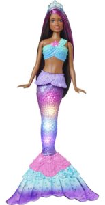 barbie dreamtopia doll, mermaid toy with water-activated light-up tail, purple-streaked hair & 4 colorful light shows