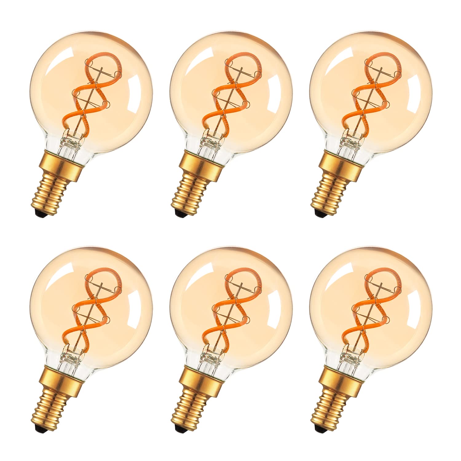 E12 Décor Globe g16.5 Candelabra Light Bulb 4W Dimmable , 40 Watts Equivalent, Amber Glass 2200K 300lm, Edison Replacement Globe Bulb for Sputnik Chandelier,Vanity ,and Ceiling Fan Light Bulbs 6 Pack