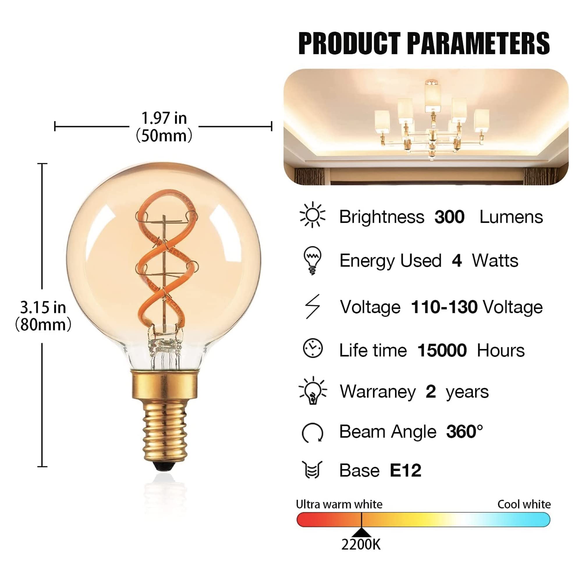 E12 Décor Globe g16.5 Candelabra Light Bulb 4W Dimmable , 40 Watts Equivalent, Amber Glass 2200K 300lm, Edison Replacement Globe Bulb for Sputnik Chandelier,Vanity ,and Ceiling Fan Light Bulbs 6 Pack