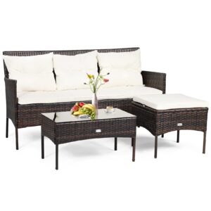 relax4life 3 pieces patio furniture sectional set, rattan wicker conversation w/ 5 cozy seat & back cushions, tempered glass coffee table for poolside, balcony outdoor furniture (beige+brown)