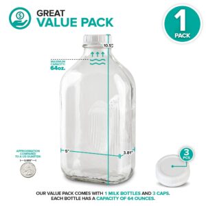 Stock Your Home Half Gallon Glass Milk Bottle with Lid (1 Pack) 64 Oz Jugs and 3 White Caps, Reusable Food Grade Milk Container for Refrigerator, Bottles for Juice, Oat or Plant Milks, Water, Honey