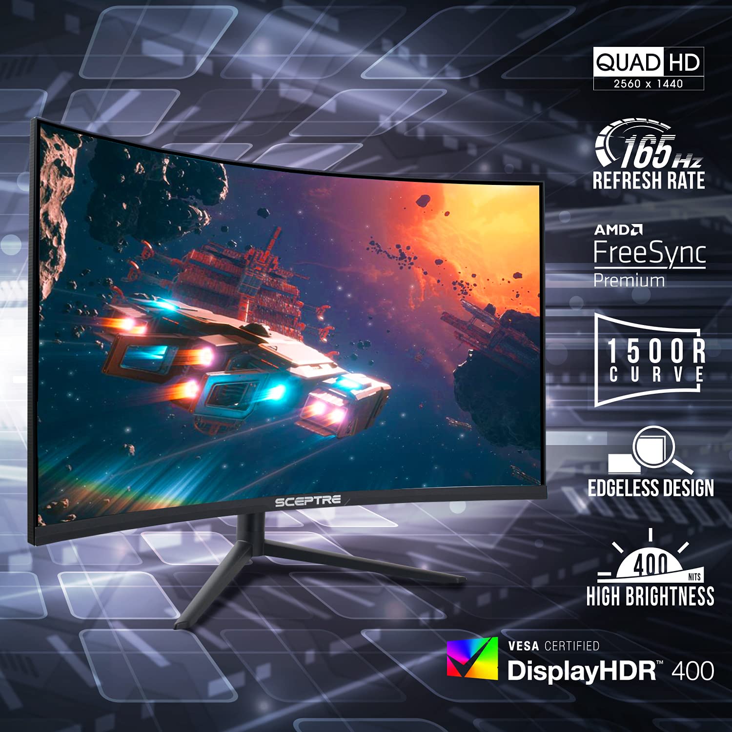 Sceptre 32 inch Curved 2K Gaming Monitor QHD 2560 x 1440 up to 165Hz 144Hz 1ms HDR400 400 Lux AMD FreeSync Premium, Height Adjustable DisplayPort HDMI Build-in Speakers Machine Black (C325B-QWD168)