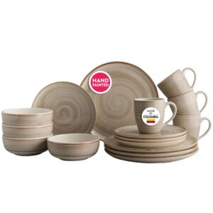 corona dinnerware set 16– piece, plates bowls and mugs set, ceramic sets for 4, microwave and dishwasher safe, gray caoba hand-painted design