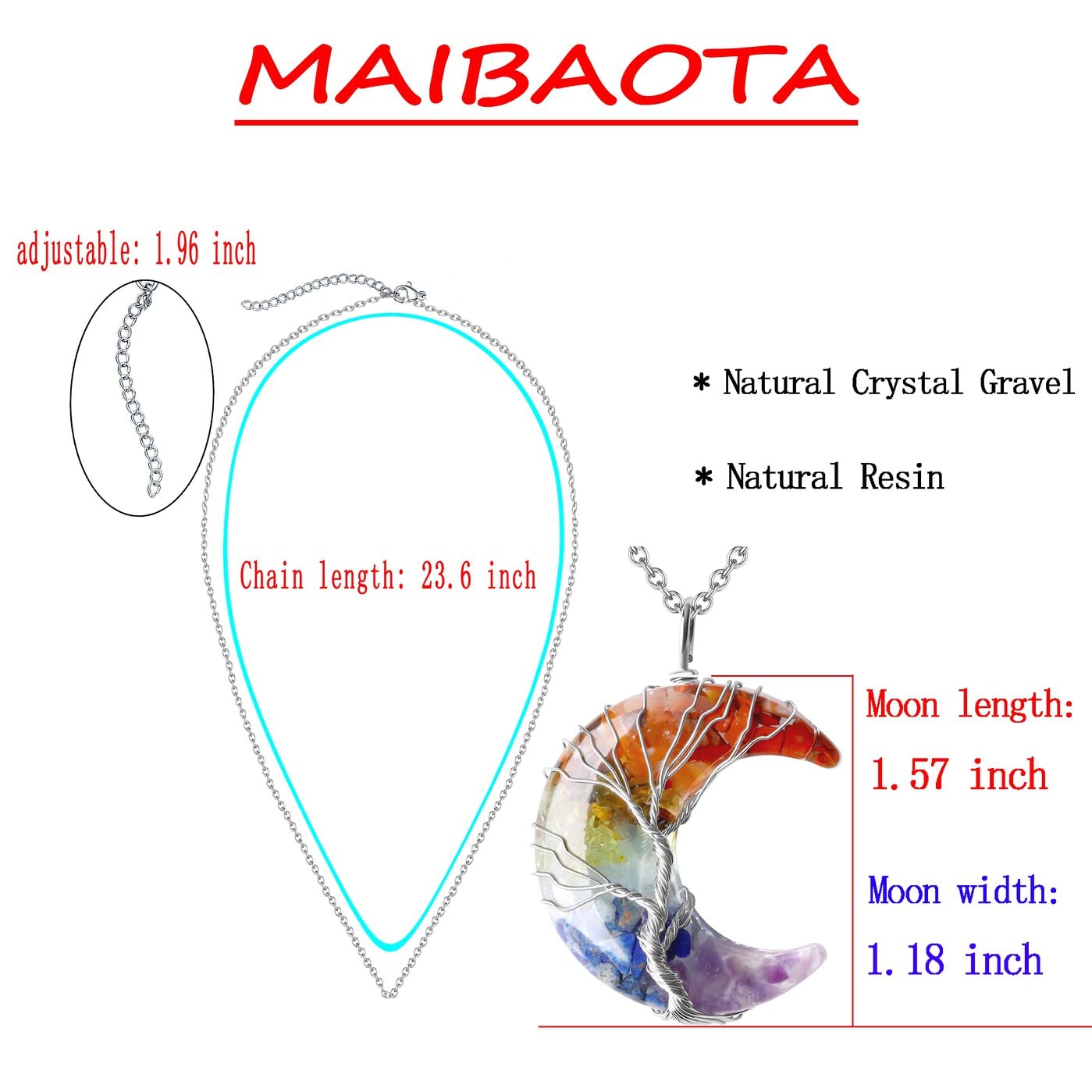 MAIBAOTA 7 Chakra Healing Crystal Necklace Tree Life Crescent Moon Phase Stone Pendant Necklaces Natural Reiki Spiritual Quartz Gemstone Mothers Day Gifts for Mom Hippie Witch Jewelry Gifts for Women