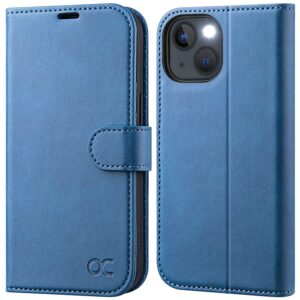 ocase compatible with iphone 13 wallet case, pu leather flip folio case with card holders rfid blocking kickstand [shockproof tpu inner shell] phone cover 6.1 inch 2021 (light blue)