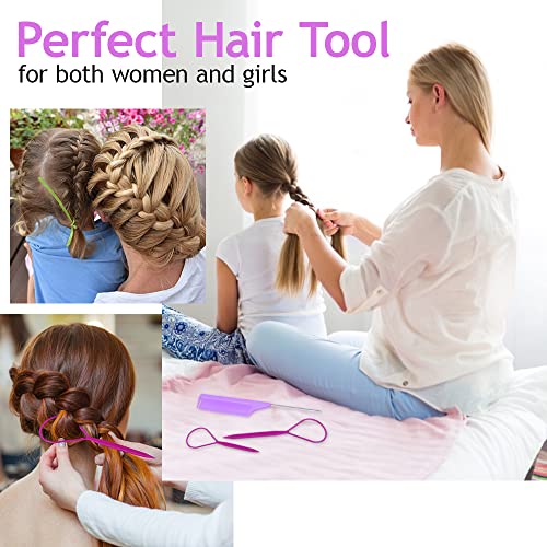 TsMADDTs 3Pack Hair Loop Tool Set with 2Pcs French Braid Tool Loop 1Pcs Rat Tail Comb Metal Pin Tail Braiding Comb for Hair Styling, Purple