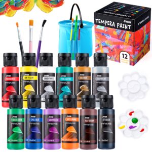 joyin 12pcs washable kids tempera paint set (2 oz each), liquid poster paint with 6 brushes, 2 palette & 1 paint brush clean bucket, non-toxic kids paint for finger painting, hobby painters