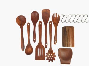 memikambo wooden kitchen cooking utensils, nonstick kitchen utensil set, wooden utensils for cooking,wooden spoons cooking utensil set non scratch natural teak wooden utensils for cooking(16 pieces)