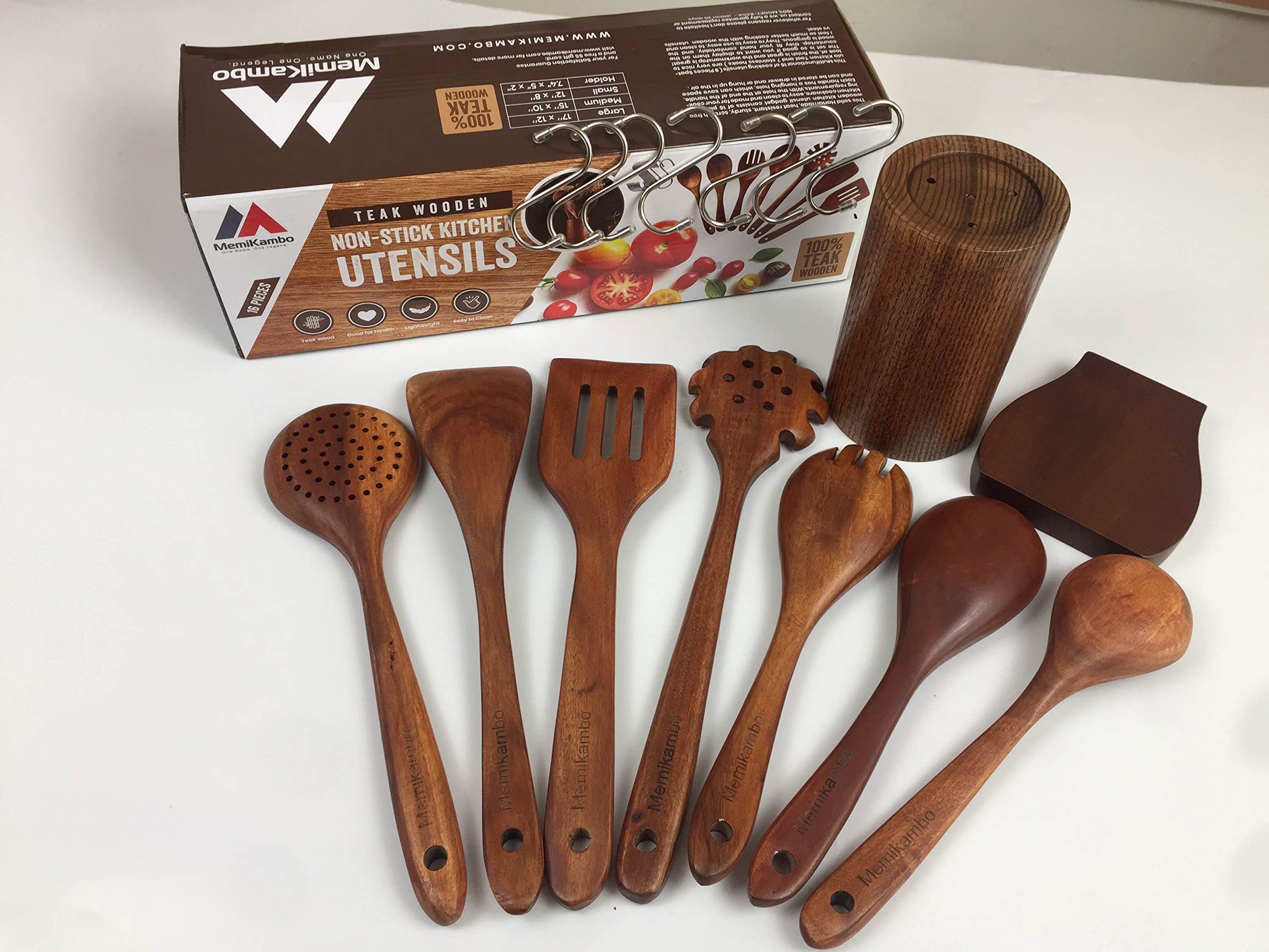 MEMIKAMBO Wooden Kitchen Cooking Utensils, Nonstick Kitchen Utensil Set, wooden utensils for cooking,Wooden Spoons Cooking Utensil Set Non Scratch Natural Teak Wooden Utensils for Cooking(16 PIECES)