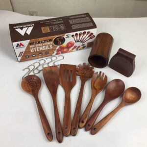 MEMIKAMBO Wooden Kitchen Cooking Utensils, Nonstick Kitchen Utensil Set, wooden utensils for cooking,Wooden Spoons Cooking Utensil Set Non Scratch Natural Teak Wooden Utensils for Cooking(16 PIECES)