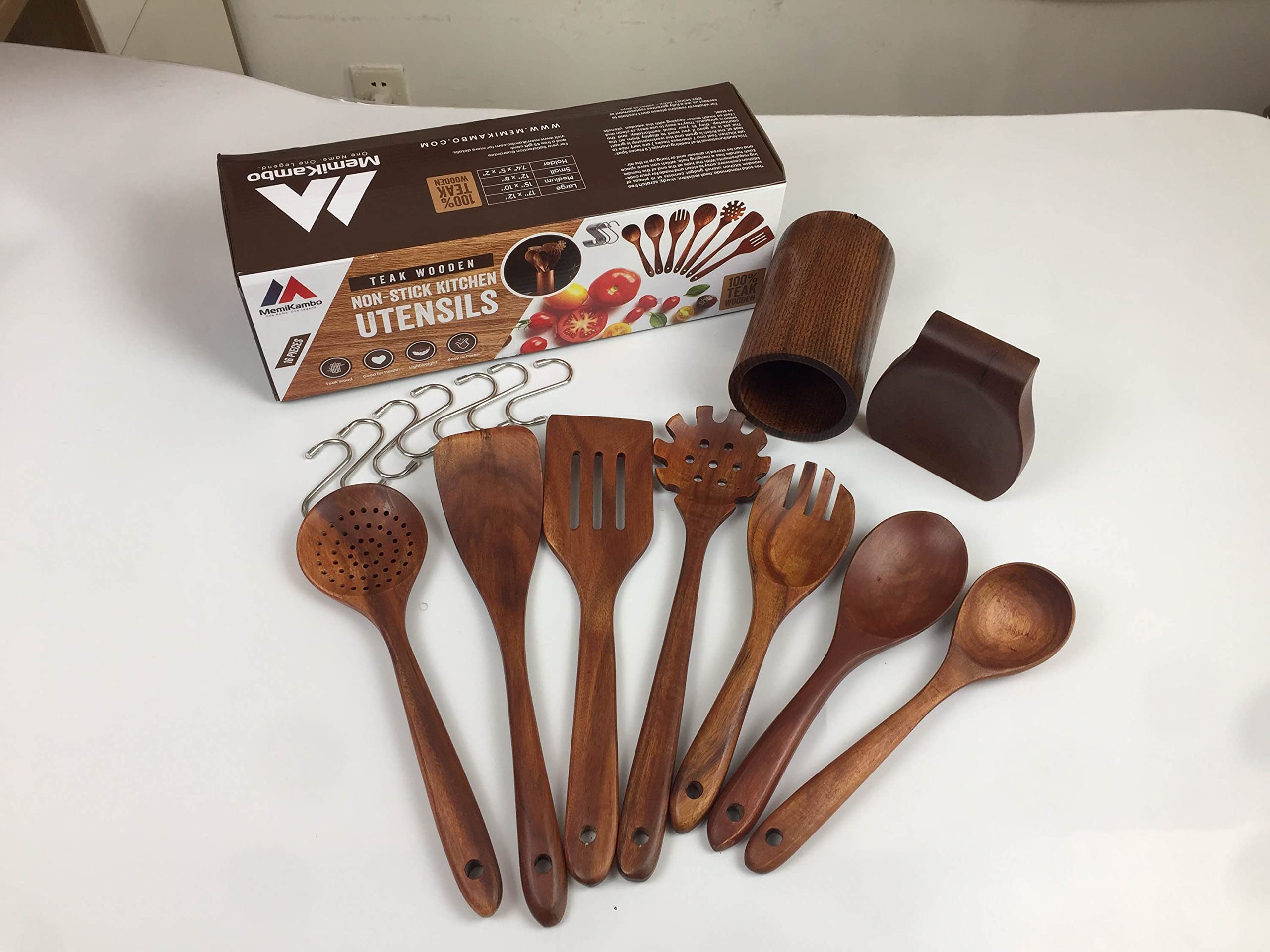 MEMIKAMBO Wooden Kitchen Cooking Utensils, Nonstick Kitchen Utensil Set, wooden utensils for cooking,Wooden Spoons Cooking Utensil Set Non Scratch Natural Teak Wooden Utensils for Cooking(16 PIECES)