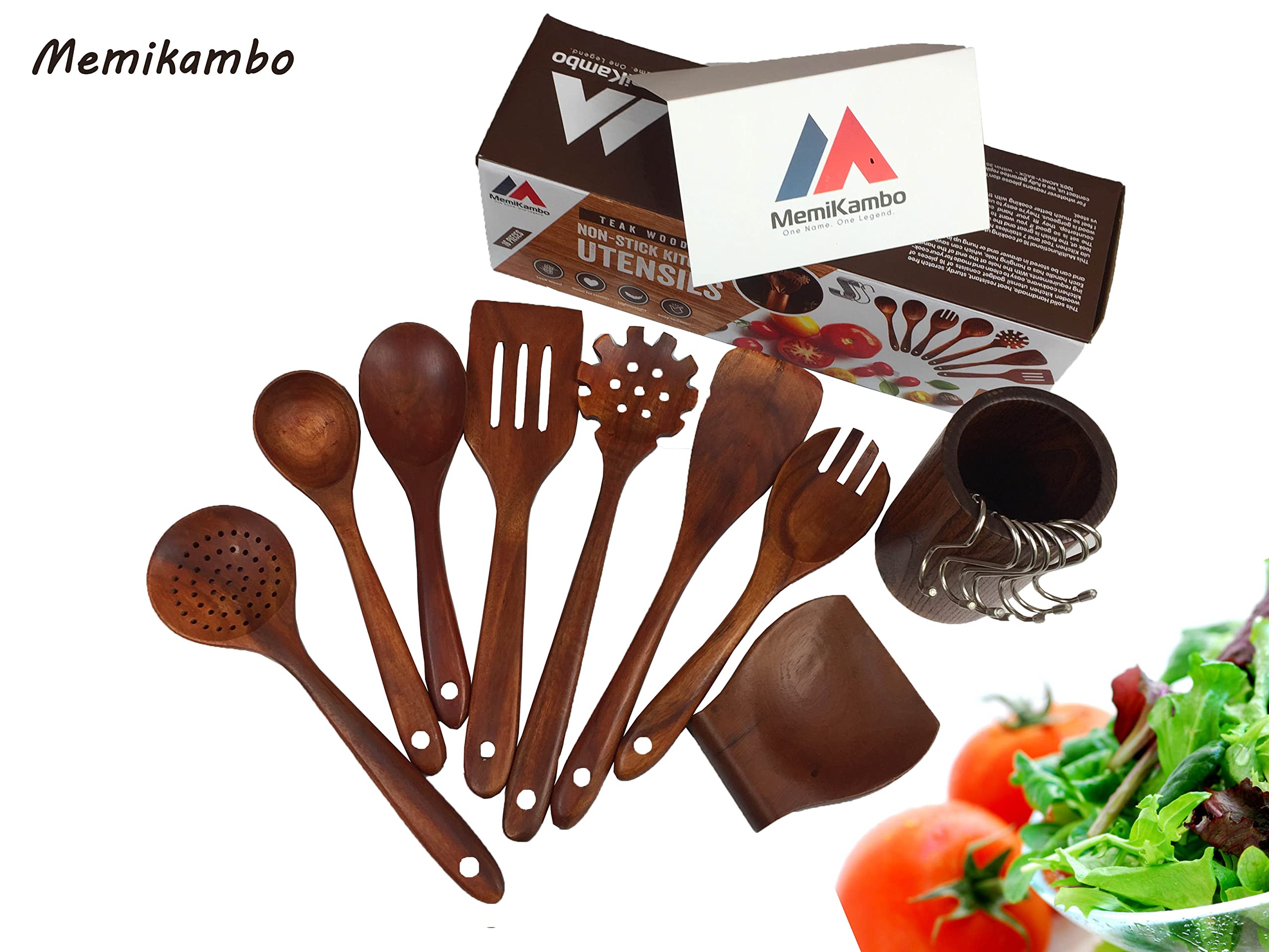 MEMIKAMBO Wooden Kitchen Cooking Utensils, Nonstick Kitchen Utensil Set, wooden utensils for cooking,Wooden Spoons Cooking Utensil Set Non Scratch Natural Teak Wooden Utensils for Cooking(16 PIECES)