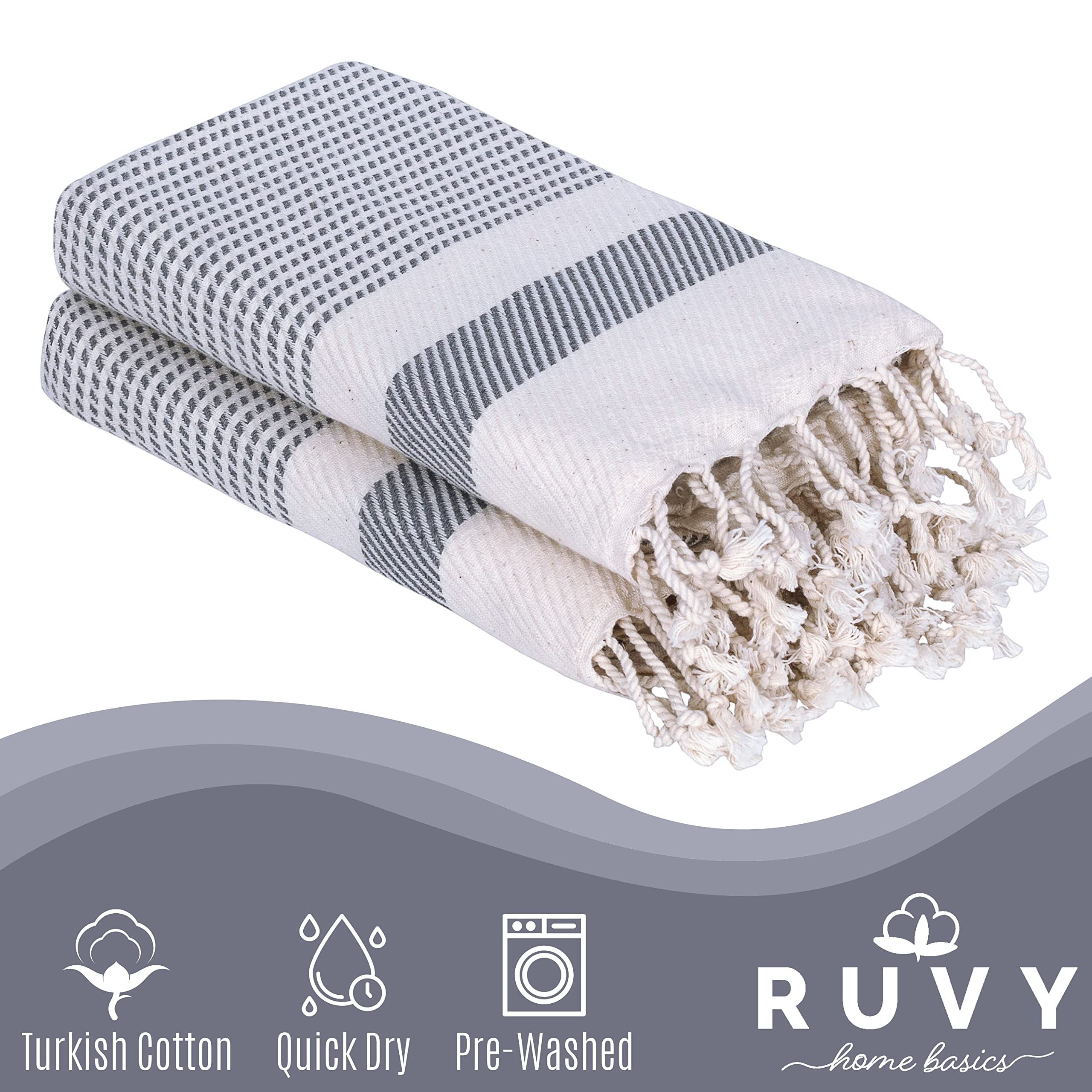 Ruvy Home Basics Turkish Hand Towels for Bathroom Set of 2 | 18"x40", Cotton | Bathroom Hand Towels & Decorative Hand Towels for Bathroom, Kitchen Towels, Dishcloth, Tea, Yoga, Face, Gym - Light Grey