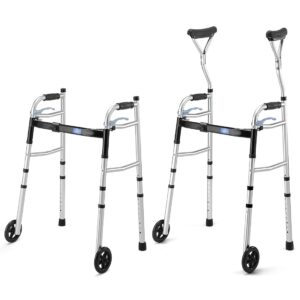 greenchief walkers for seniors, foldable standard walker with adjustable width, folding walker with arm support, 2 wheels walker for elderly handicapped disabled (300lb)