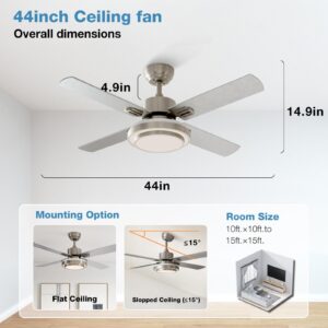 warmiplanet Ceiling Fan with Lights Remote Control, 44 Inch, Brushed Nickel Motor (4-Blades)