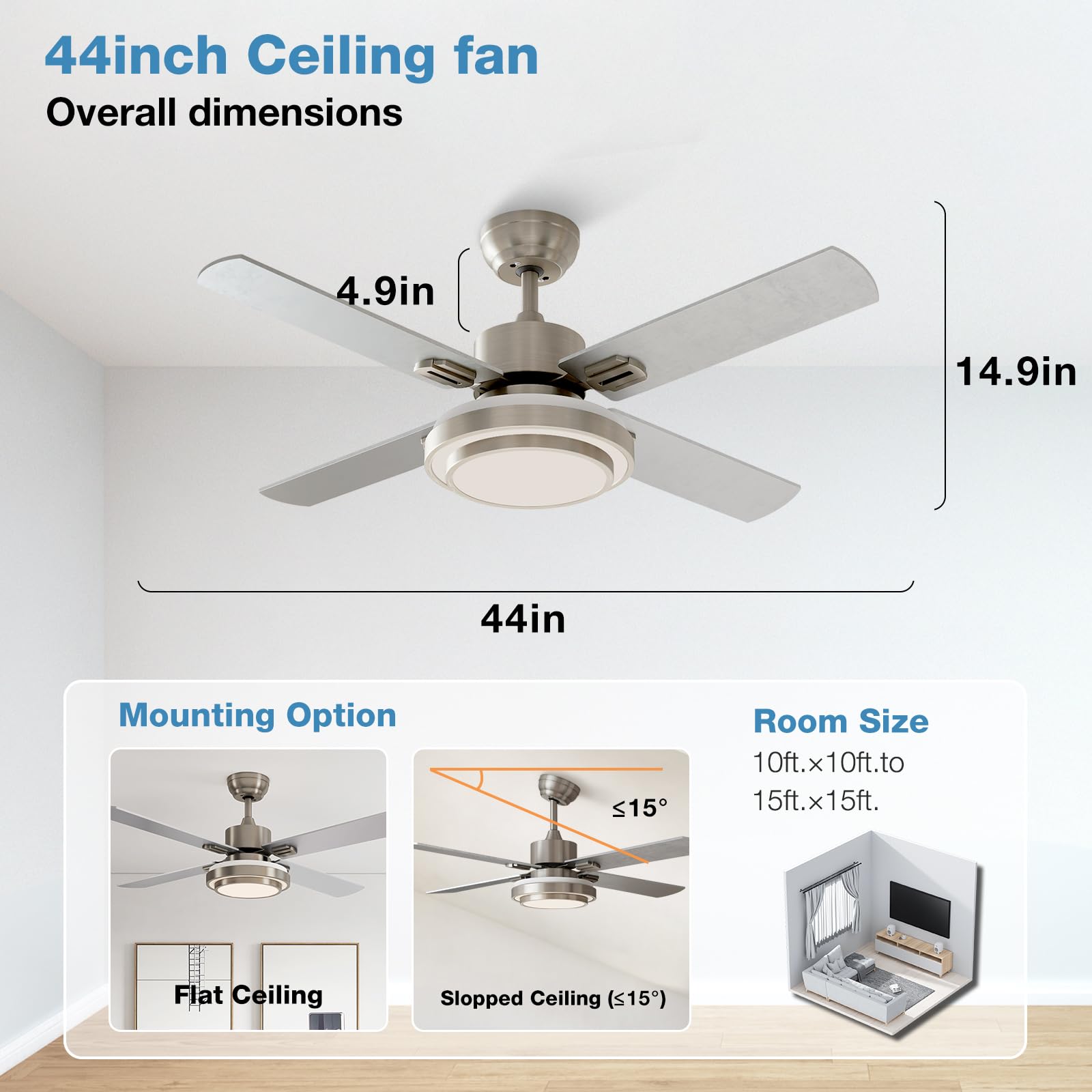 warmiplanet Ceiling Fan with Lights Remote Control, 44 Inch, Brushed Nickel Motor (4-Blades)