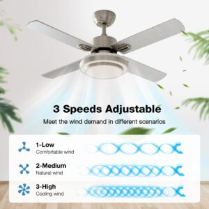 warmiplanet Ceiling Fan with Lights Remote Control, 44 Inch, Brushed Nickel Motor (4-Blades)