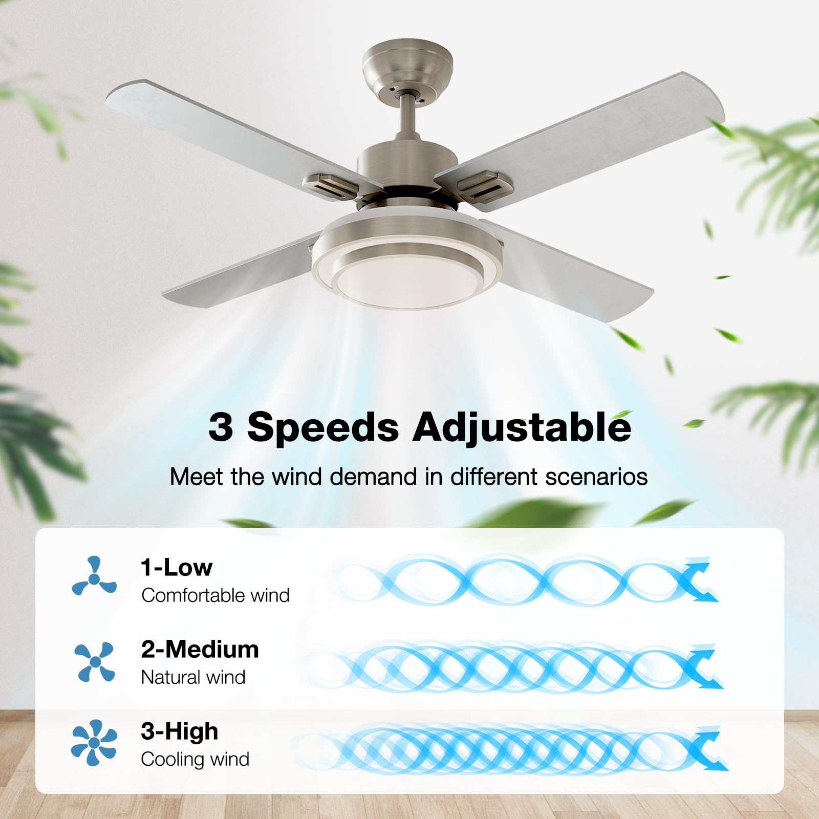 warmiplanet Ceiling Fan with Lights Remote Control, 44 Inch, Brushed Nickel Motor (4-Blades)