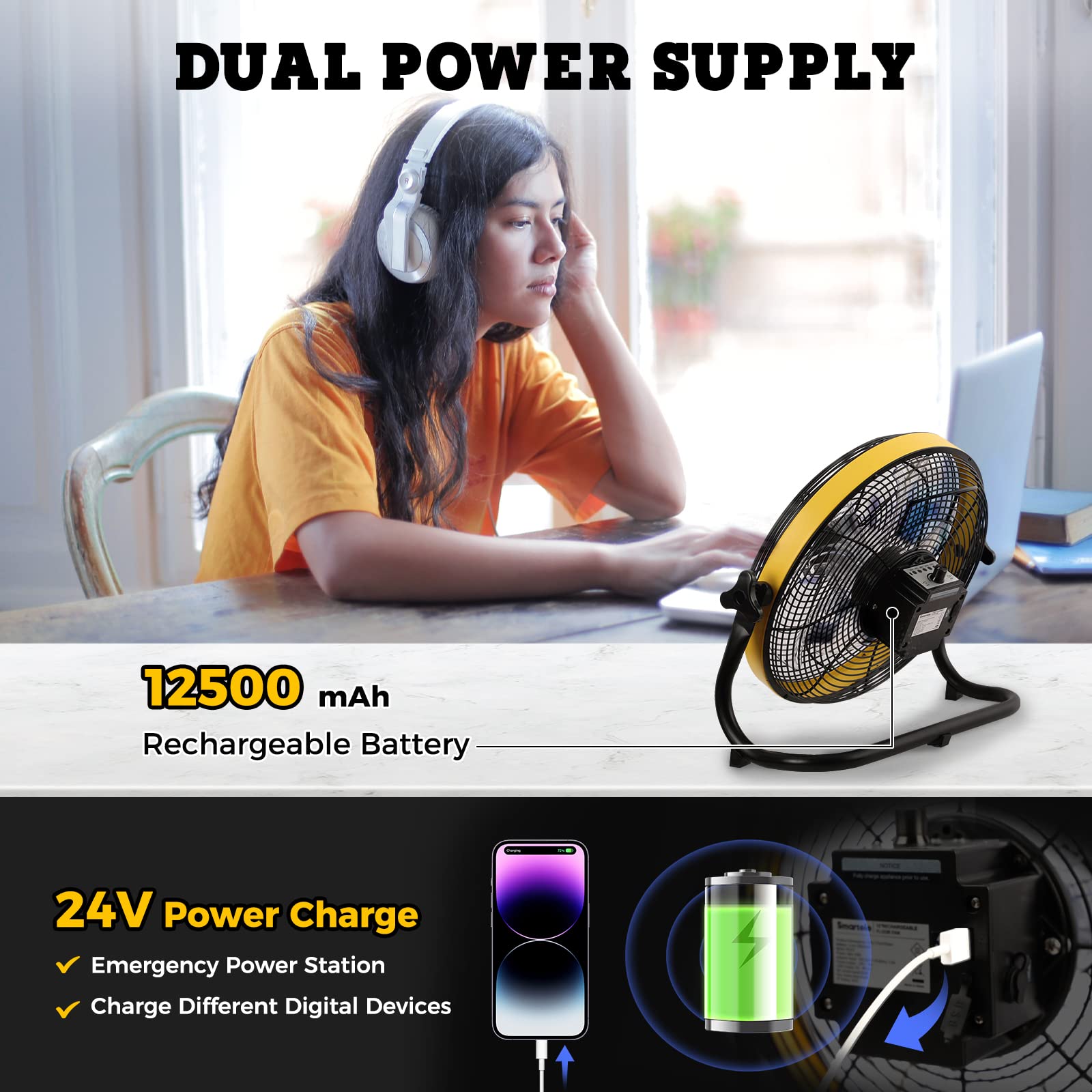 Smartele FF12 Battery Operated Fan, Battery Powered Fan, Rechargeable Floor Fan, Cordless Outdoor Floor Fan, Battery Outdoor Fan, 15000mAh Battery, Fast Charging, Run Up to 30 Hours