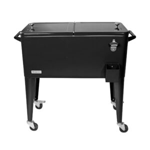 pearington 80 quart rolling ice chest, portable patio party bar drink cooler cart, with shelf, beverage pool with bottle opener, black