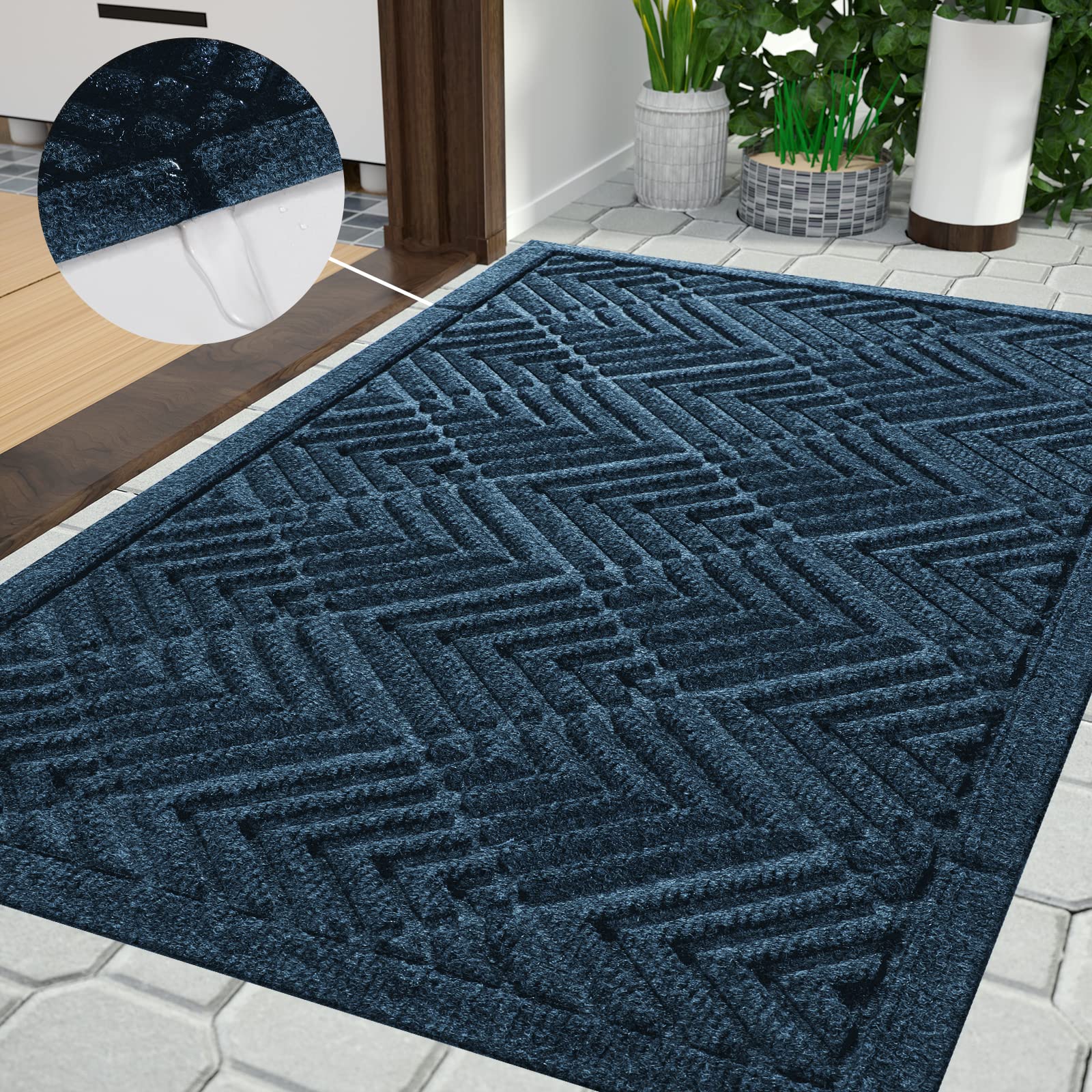 Yimobra Door Mat Outdoor Entrance with Water Freeing Port, Heavy Duty Sturdy Non Slip Front Doormat Outdoor Indoor for Home Entranway, Patio Entrance Mat, Natural Rubber Backing, 29.5 x 17 Inch, Blue