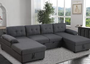 beaugreen modern modular sofa couch, dark grey - sectional sleeper with pull out bed, double storage chaise, 4 seater