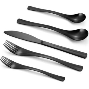 matte black silverware set, bennly 20-piece flatware set, stainless steel utensils service for 4, tableware cutlery set for home and restaurant, include knife/fork/spoon, satin finish, dishwasher safe