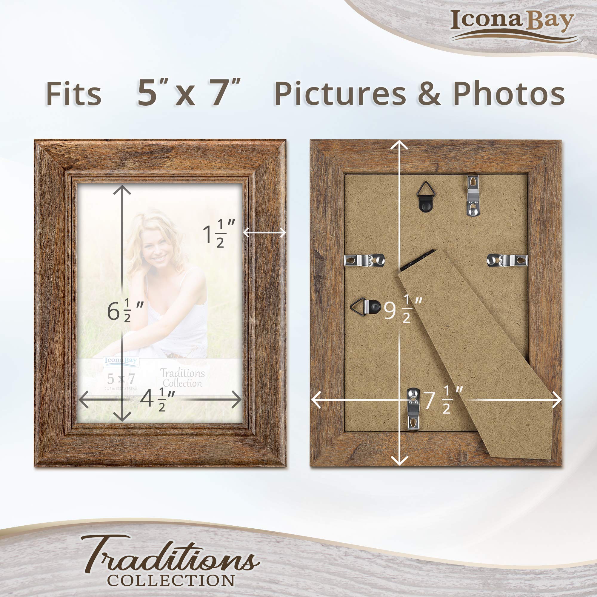 Icona Bay 5x7 Chestnut Brown Picture Frame, Rustic Wood Pattern, Lightly Distressed Frame for Table Top Display or Wall Mount, Traditions Collection