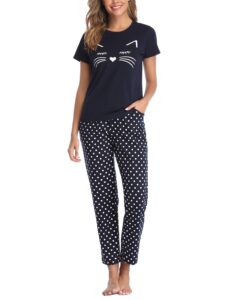 eishopeer women's pajama set printed short sleeve top & long pants sleepwear pjs sets navy blue xs