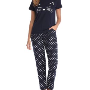 EISHOPEER Women's Pajama Set Printed Short Sleeve Top & Long Pants Sleepwear Pjs Sets Navy Blue XS