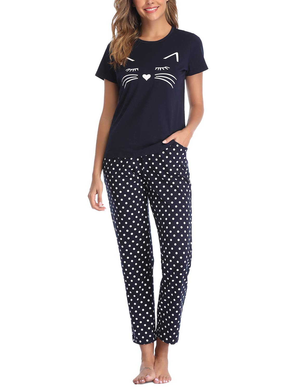 EISHOPEER Women's Pajama Set Printed Short Sleeve Top & Long Pants Sleepwear Pjs Sets Navy Blue XS