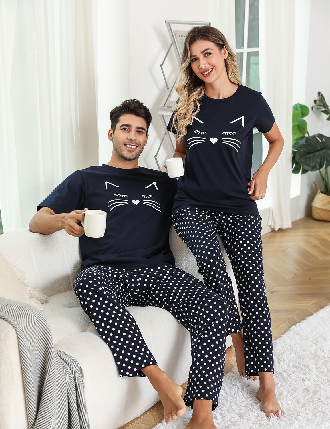 EISHOPEER Women's Pajama Set Printed Short Sleeve Top & Long Pants Sleepwear Pjs Sets Navy Blue XS