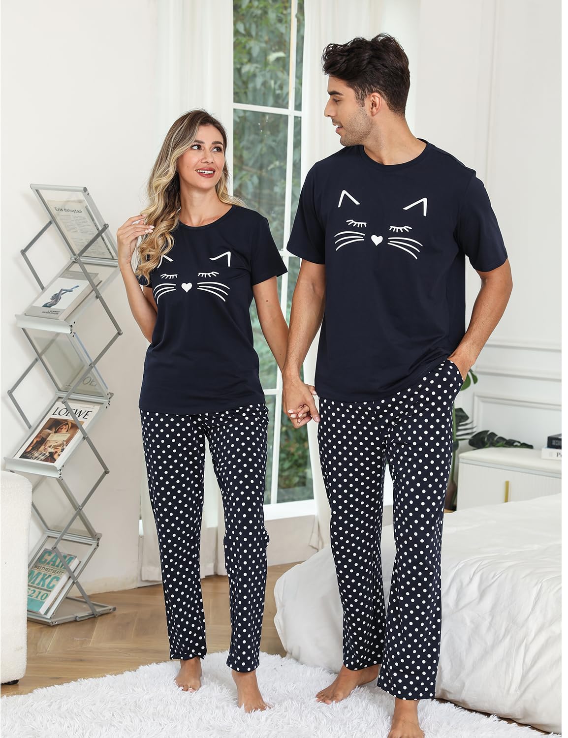 EISHOPEER Women's Pajama Set Printed Short Sleeve Top & Long Pants Sleepwear Pjs Sets Navy Blue XS