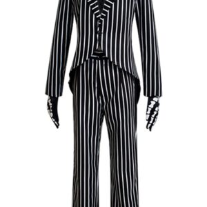 Powumie Adult Jack Skellington Halloween Costume Men’s Cosplay Jacket Pants Suits Uniform Black (Large, Adult-Black)