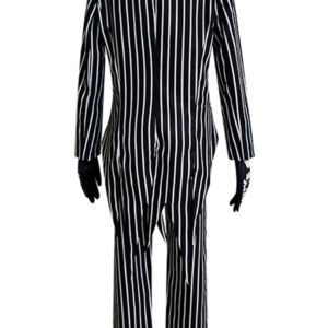 Powumie Adult Jack Skellington Halloween Costume Men’s Cosplay Jacket Pants Suits Uniform Black (Large, Adult-Black)