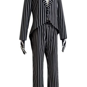 Powumie Adult Jack Skellington Halloween Costume Men’s Cosplay Jacket Pants Suits Uniform Black (Large, Adult-Black)