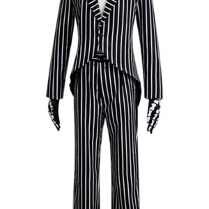 Powumie Adult Jack Skellington Halloween Costume Men’s Cosplay Jacket Pants Suits Uniform Black (Large, Adult-Black)