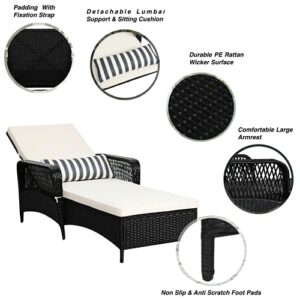 Black PE Rattan Patio Outdoor Chaise Lounge Chair Lounger Recliner Sunbathing Bed Thick Padded Cushion Lumbar Pillow 6 Adjustable Backrest Position Perfect for Poolside Deck Beach Balcony Use